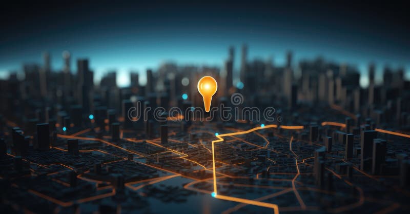 A Glowing Geolocation Marker on a Map of a Nighttime City Stock ...