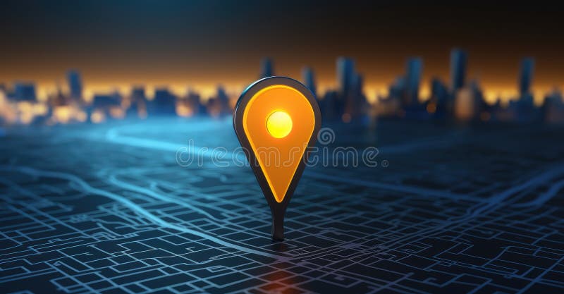 A Glowing Geolocation Marker on a Map of a Nighttime City Stock ...
