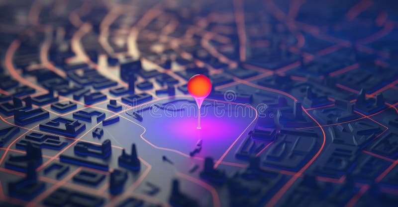 A Glowing Geolocation Marker on a Map of a Nighttime City Stock ...