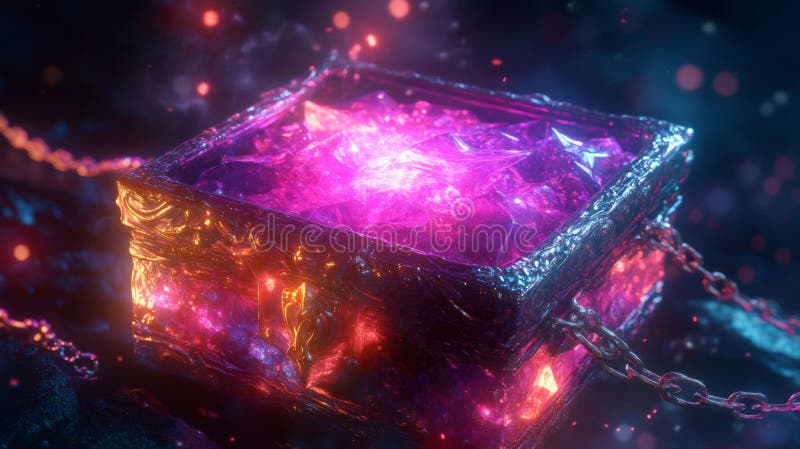 Glowing Geometric Cube with Chains Abstract Digital Art with Particle ...