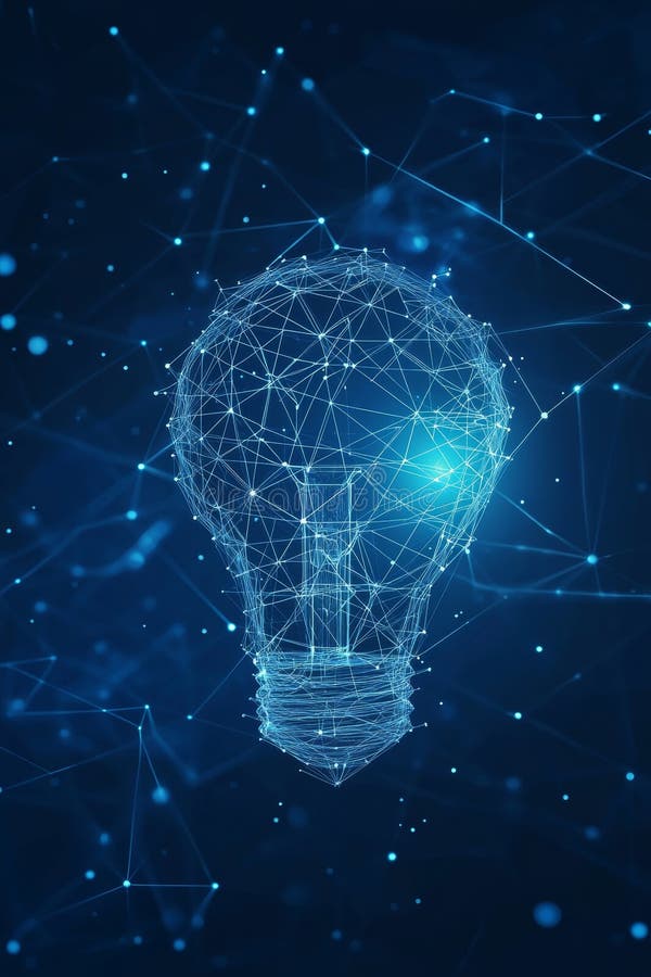 Glowing Geometric Lightbulb Made of Plexus Structure on Dark Blue ...