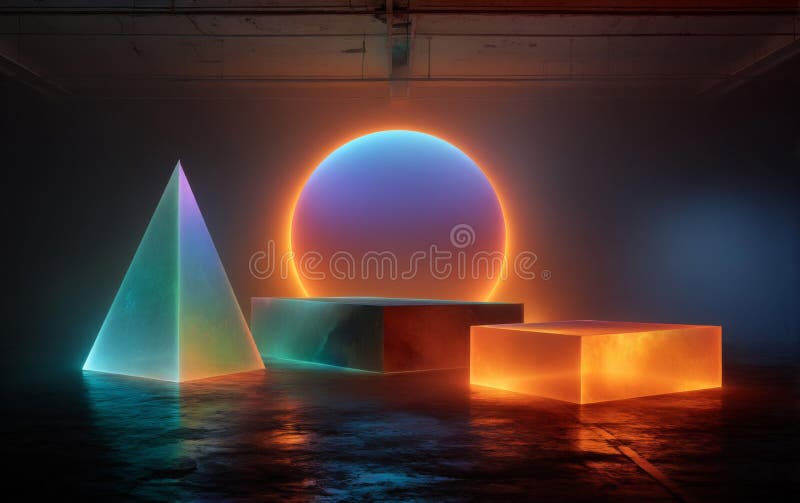 Glowing Geometric Shapes in Dark Industrial Space Stock Illustration ...