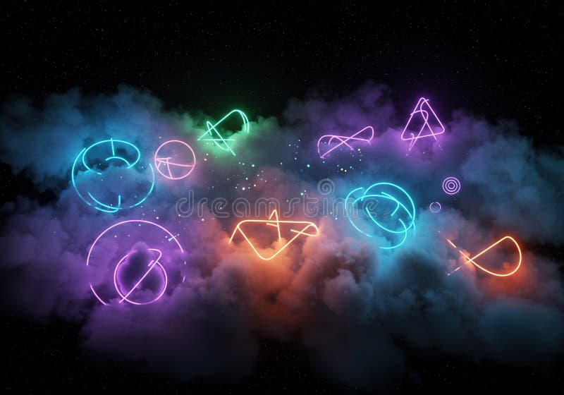 Glowing Geometric Shapes Float Amidst Dark Clouds with Colorful Neon ...