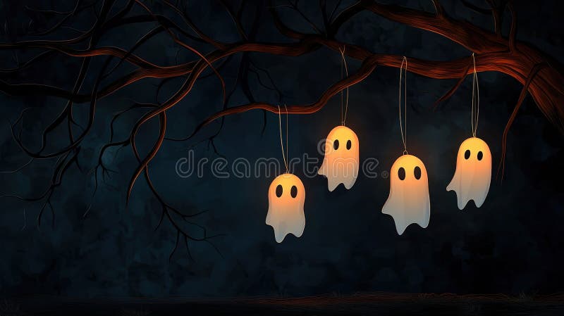 Glowing Ghost Decorations Hanging from Tree Branches in a Dark ...