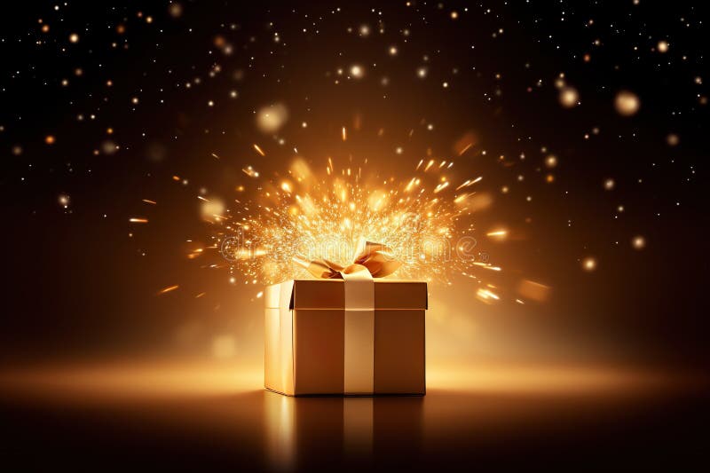 Gift Box with Golden Lights and Sparkles on Dark Background. Generative ...