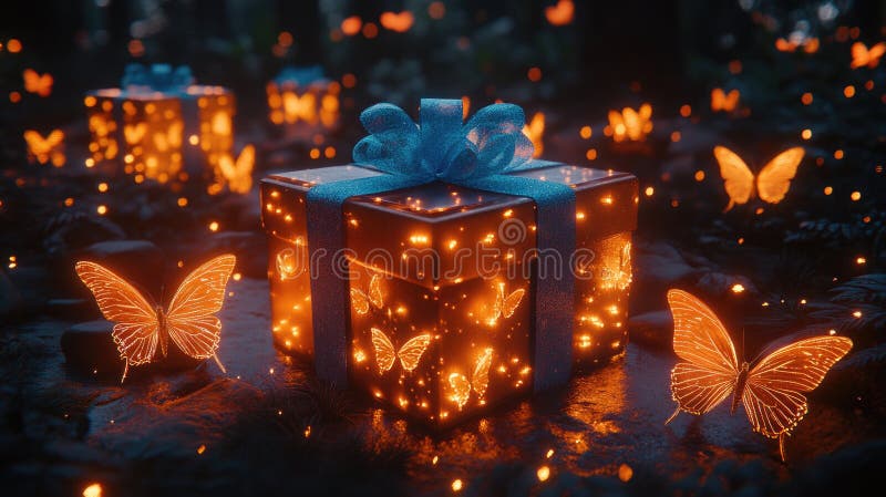 Glowing Gift Box with Luminescent Butterflies in Enchanted Forest ...