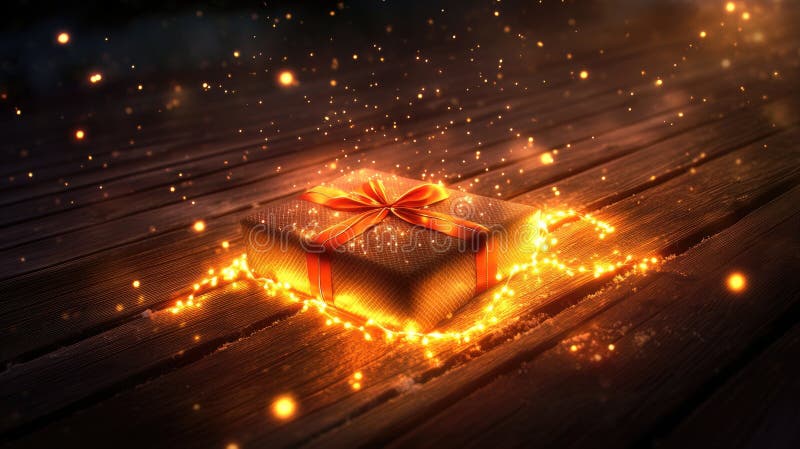 Glowing Gift Box with Magical Sparkles on Wooden Surface Stock Photo ...