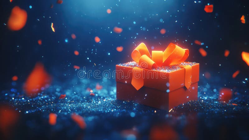 Glowing Gift Box with Red Ribbon Amidst Glittering Confetti Stock Photo ...