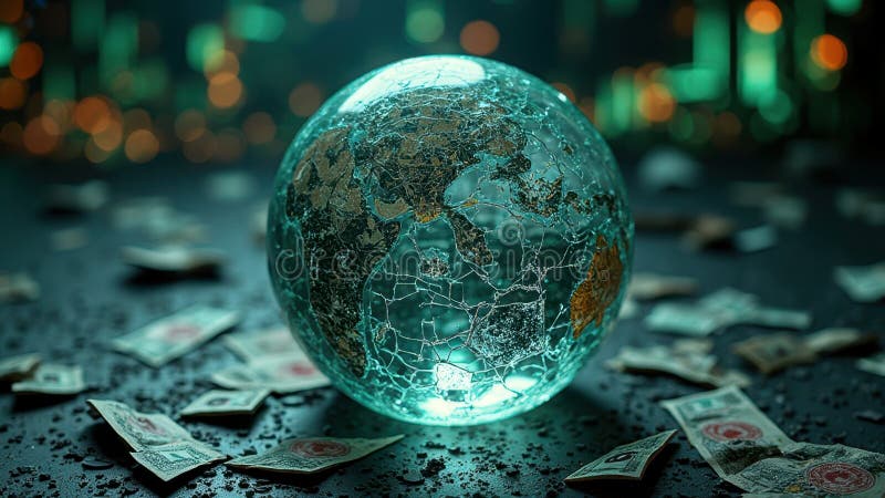 Glowing Glass Globe with Currency Notes on Ground in Dark Ambience ...