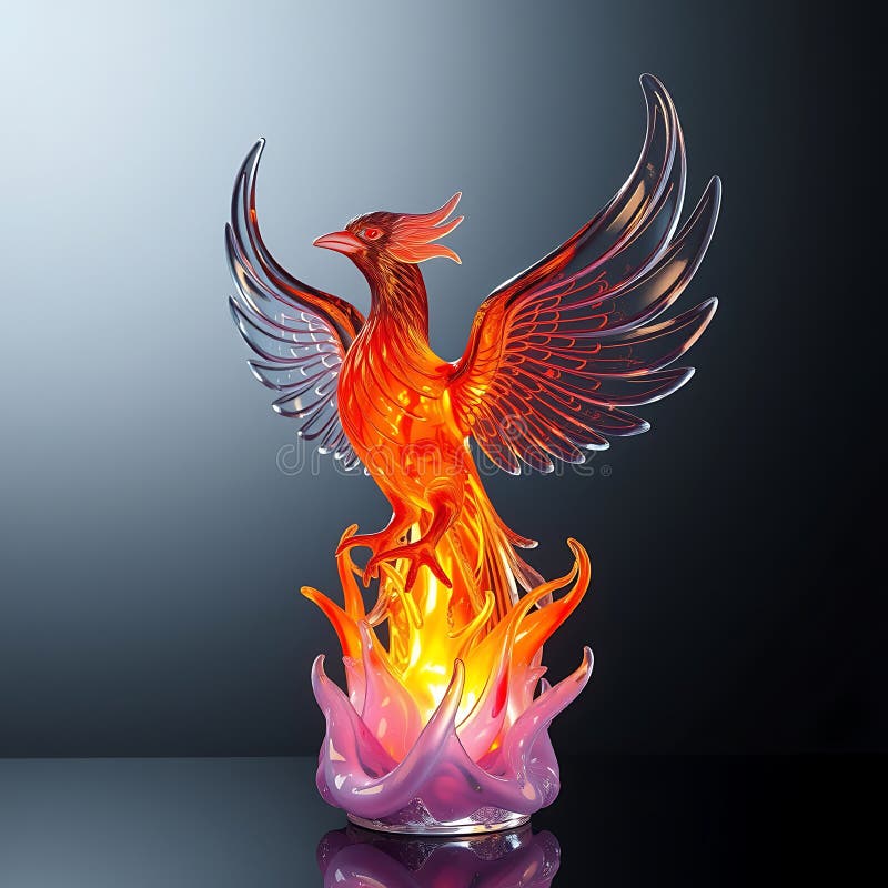 A Glowing Glass Sculpture of a Phoenix Rising from Flames Stock ...