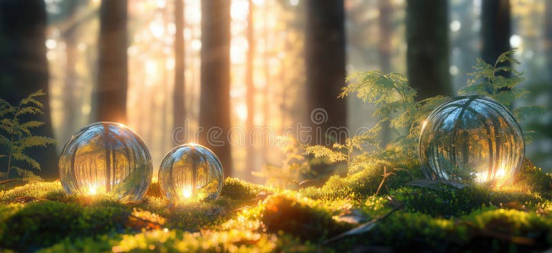 Glowing Glass Spheres in Serene Forest Setting with Sunlight Filtering ...