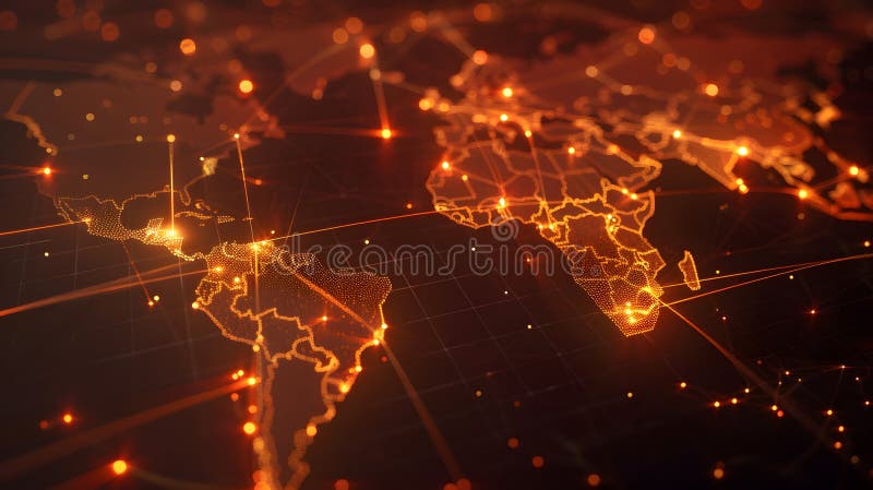 Glowing Global Network on Dark World Map Stock Illustration ...