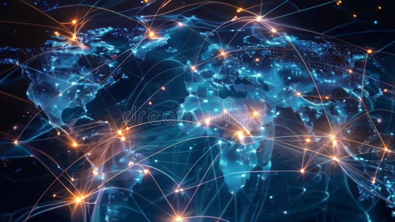 Glowing Global Network with Highlighted Connections, Depicting Active ...
