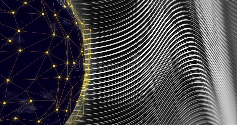 Glowing Global Network and White Line Waves Moving on Black Background ...