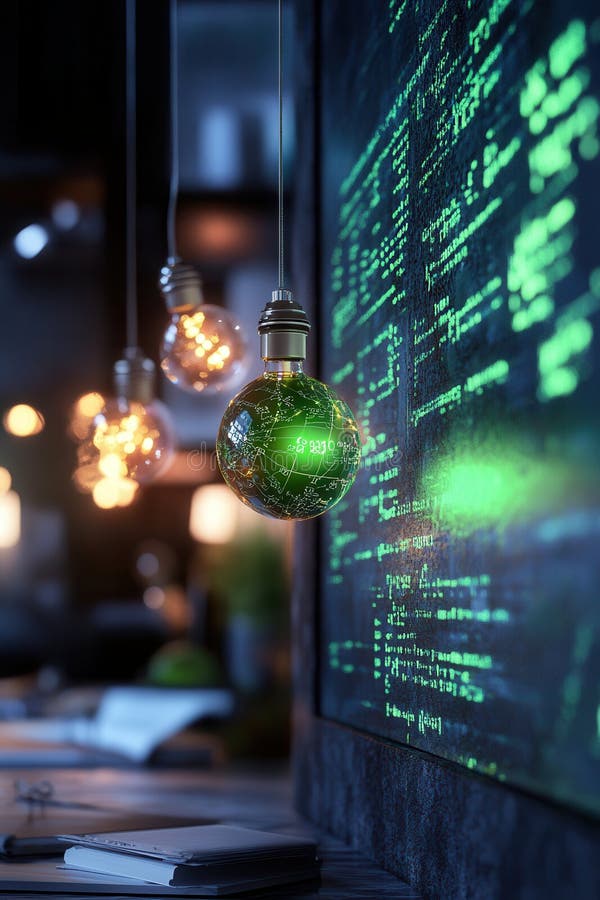 A Glowing Globe Lightbulb Hangs Near a Screen Displaying Code, Symbolizing Global Technological ...