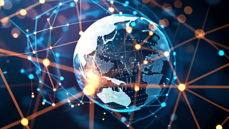 A Glowing Globe Network with Orange and Blue Digital Lines. Global Data ...