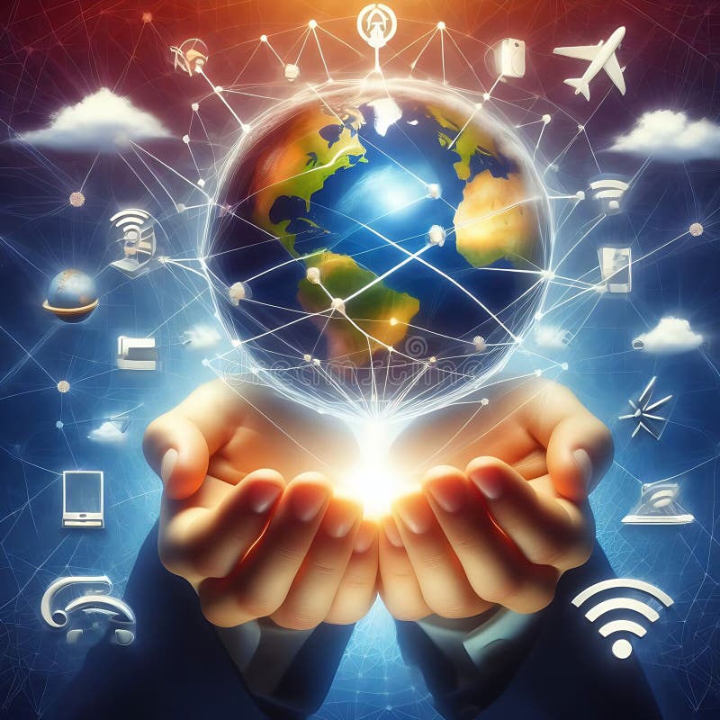 Glowing Globe Surrounded by Icons Stock Illustration - Illustration of ...