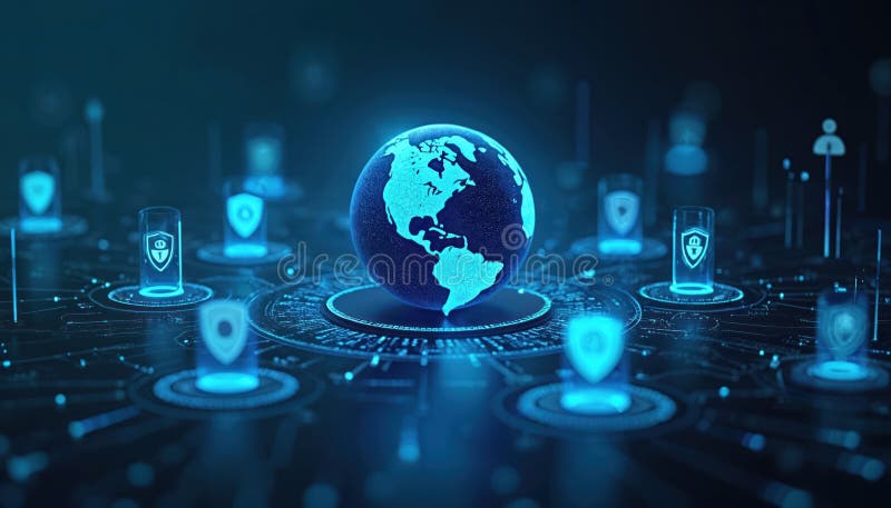 Glowing Globe Surrounded by Protective Digital Shields Against Dark ...