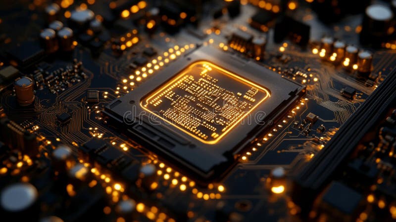 Glowing Gold Circuit Board with Central Processor Stock Illustration ...