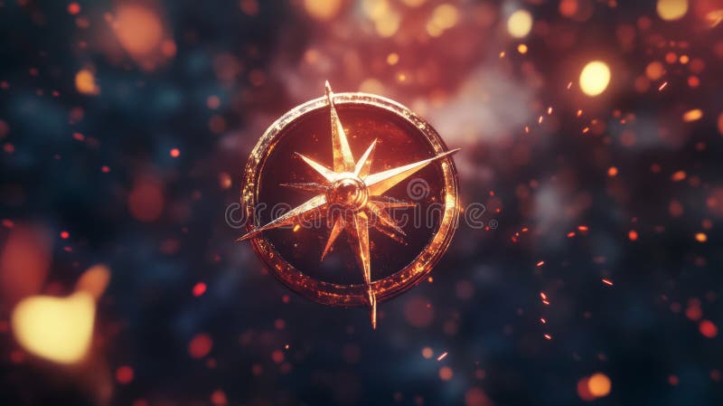 Glowing Gold Compass Star in Fiery Dark Background Stock Illustration ...