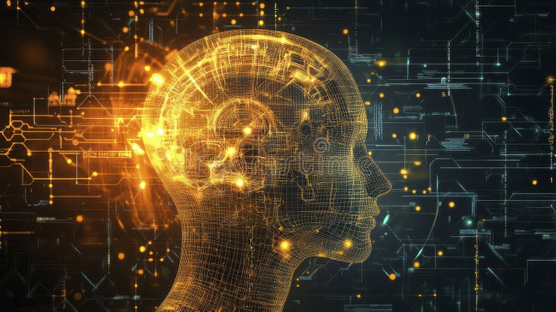 Glowing Gold Human Head Digital Art Abstract Network Circuit Pattern ...