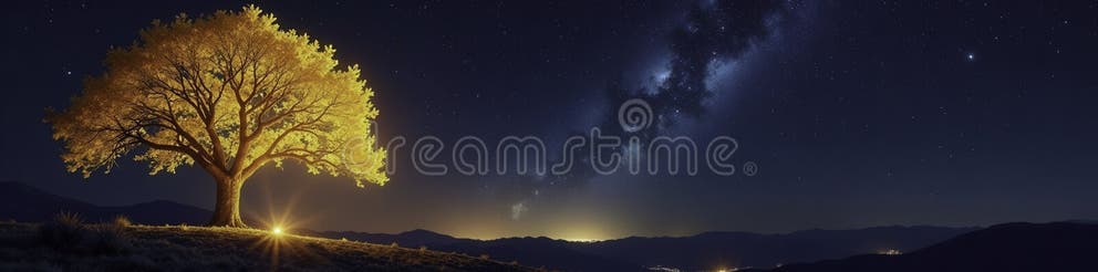Glowing Golden Abstract Tree with Starry Night Sky, Golden, Starry ...