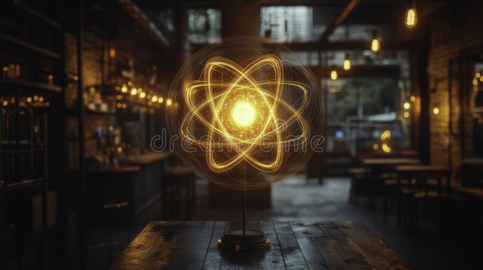 Glowing Golden Atom Model on a Wooden Table in a Warm Setting Stock ...