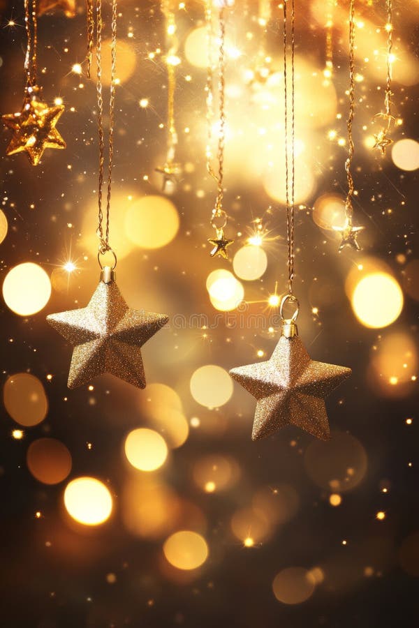 A Glowing Golden Background with Multiple Star-shaped Lights Hanging Softly. the Scene is ...