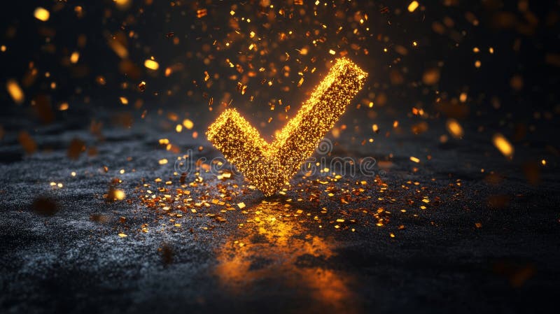 Glowing Golden Check Mark Made of Particles on Dark Background ...
