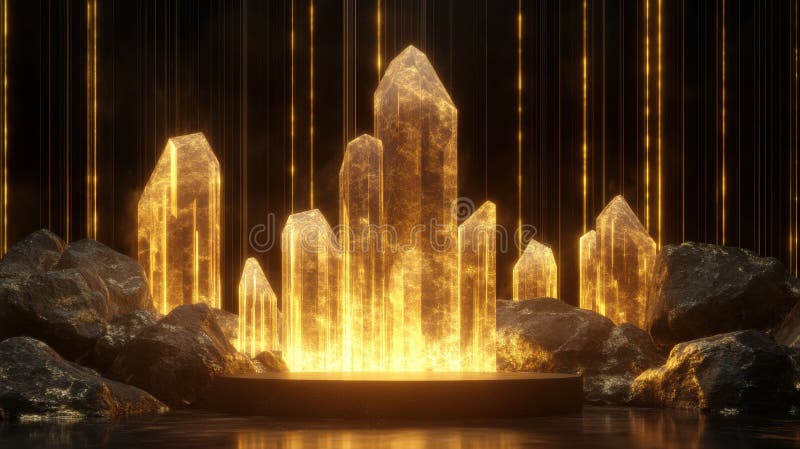 Glowing Golden Crystal Formation with Radiant Light Effects in Dark ...
