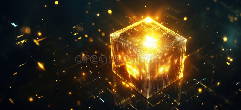 Glowing Golden Cube in a Digital Landscape with Shimmering Particles ...