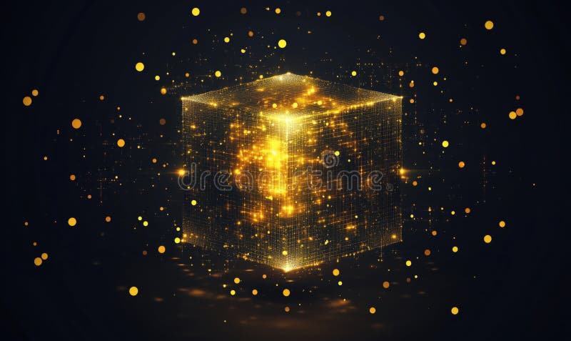 Glowing Golden Cube with Sparkling Particles in Dark Background for ...