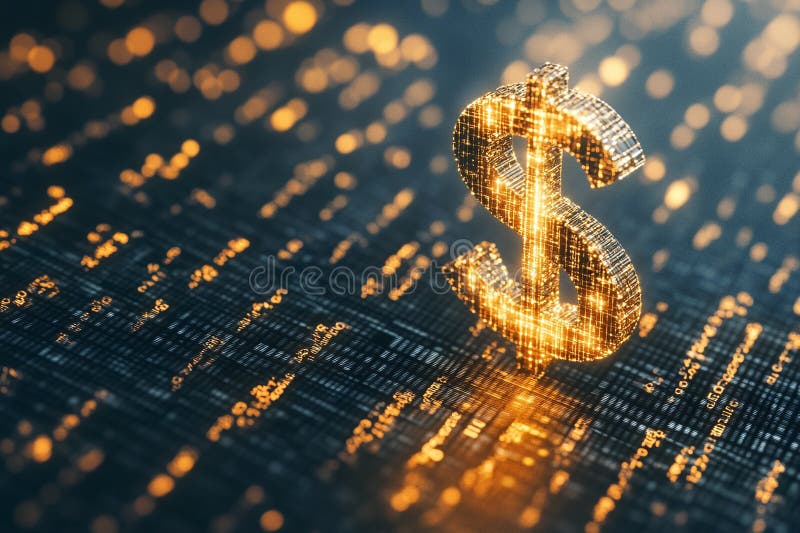 Glowing Golden Dollar Sign with Digital Matrix Background Representing ...