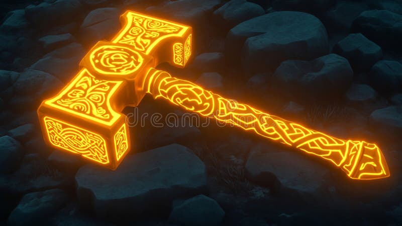 Glowing Golden Hammer with Celtic Patterns on Stone Background 3D ...