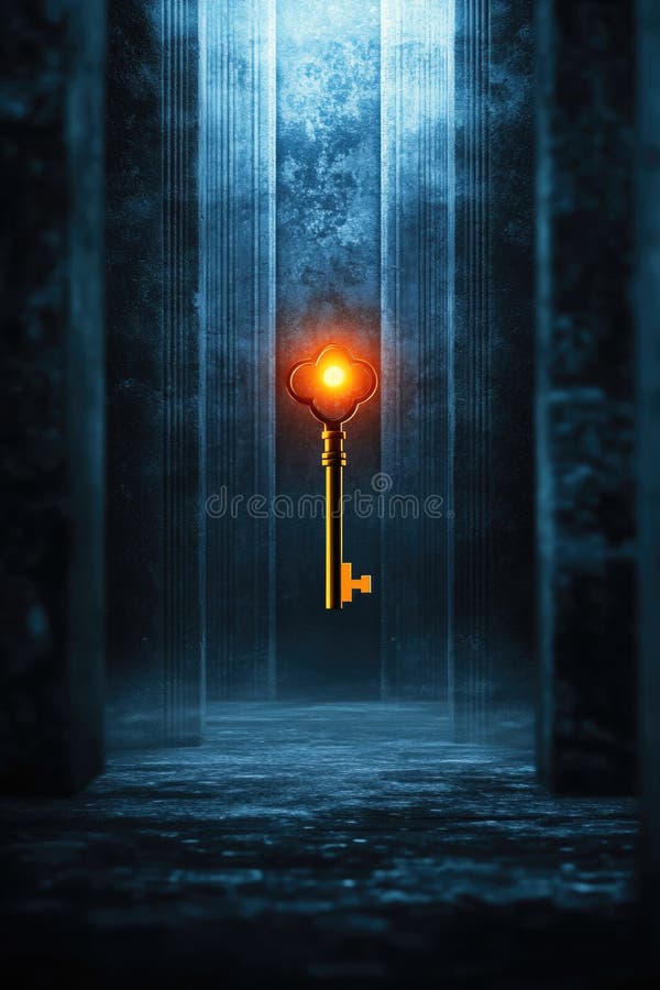 Glowing Golden Key Suspended in Mysterious Dark Corridor Stock Photo ...