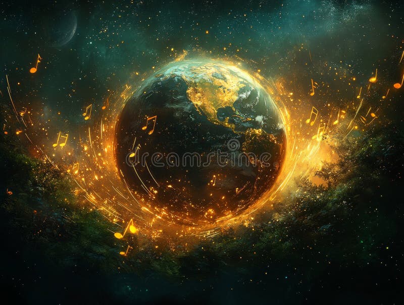 Glowing Golden Lines Form Musical Notes Around Earth Symbolizing ...