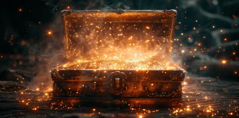 Glowing Golden Magic Box with Sparkling Particles in Dark Fantasy ...