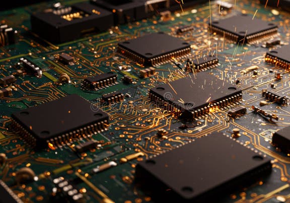 Glowing Golden Microchips on Dark Green Circuit Board Stock ...