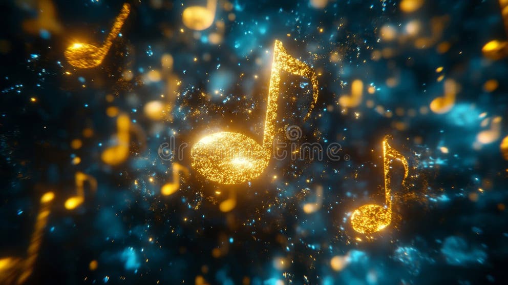 Glowing Golden Musical Notes in Blue Sparkle Background Stock ...