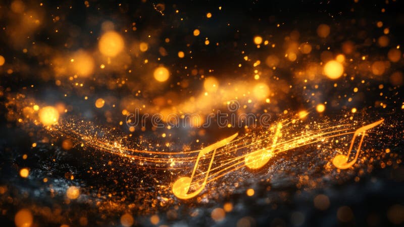 Glowing Golden Musical Notes on Dark Background Stock Illustration ...