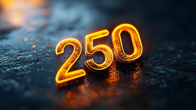 Glowing Golden Number 250 on a Textured Dark Background with Reflective ...