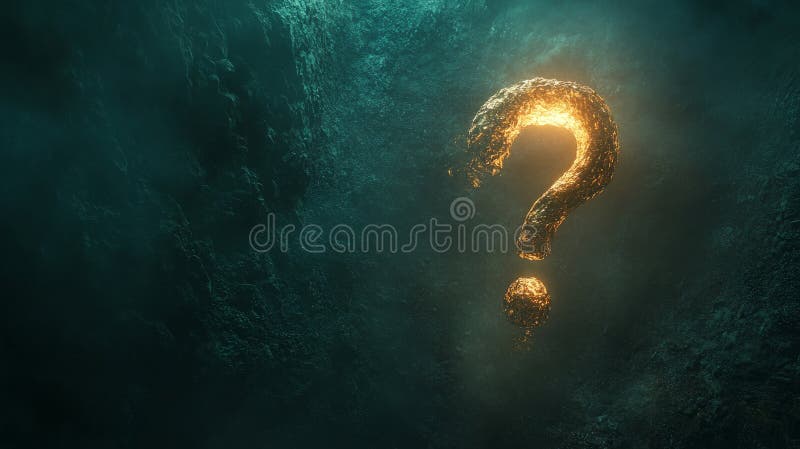 Glowing Golden Question Mark Submerged in Deep Ocean Darkness. Stock ...