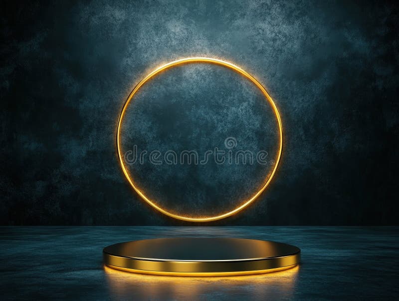 Glowing Golden Ring and Platform on Dark Blue Background. Stock ...