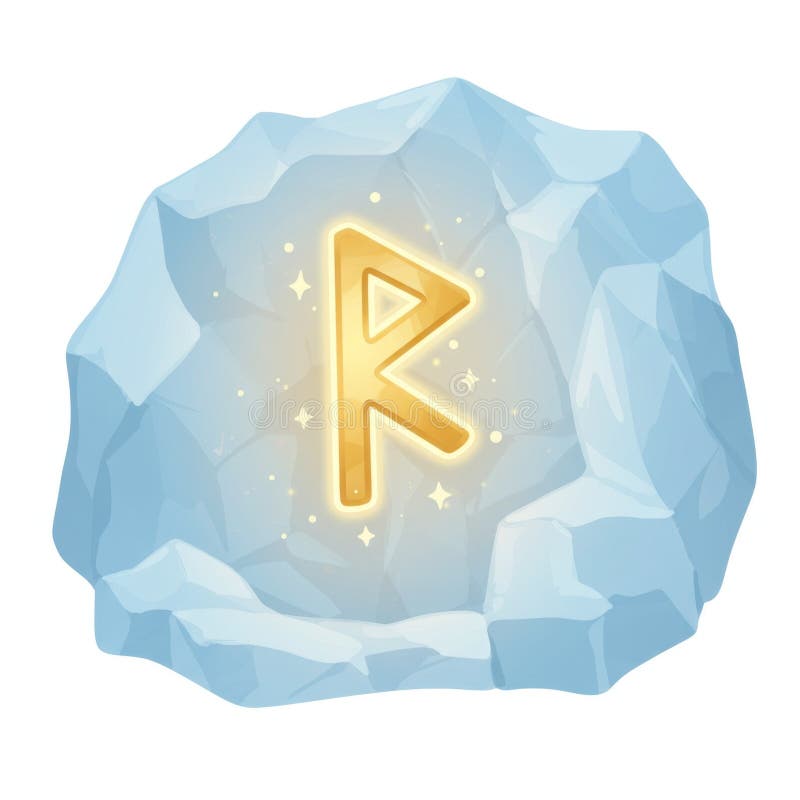 Glowing Golden Rune Stone in Light Blue Ice Crystal Isolated on White ...