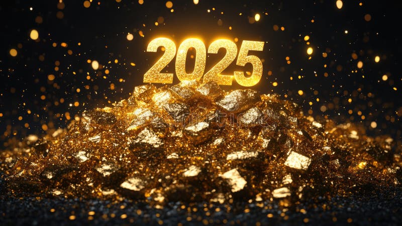 Glowing 2025 in Golden Sparkles on a Shimmering Bed of Gold Nuggets ...
