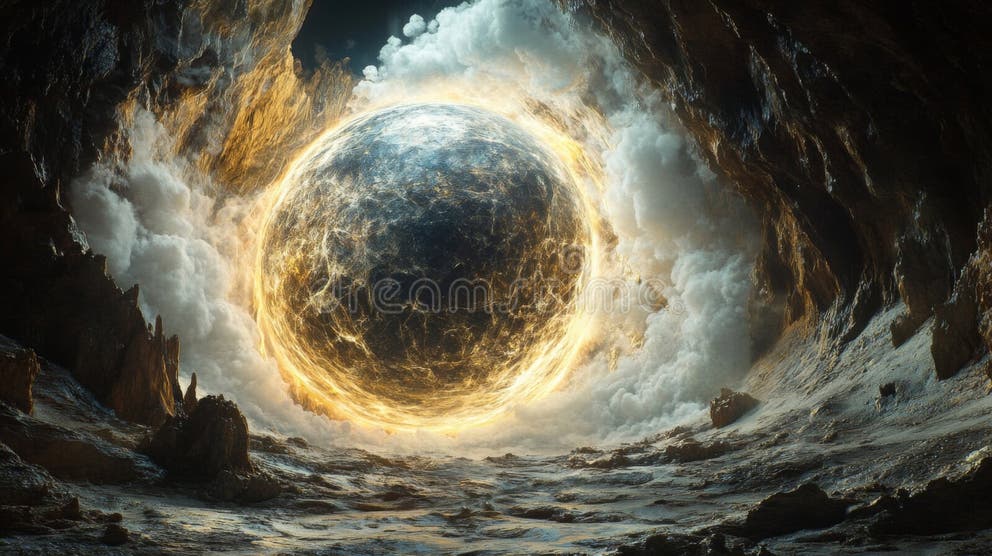 Glowing Golden Sphere in Dark Cave with Clouds Stock Illustration ...