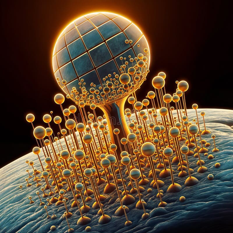 Glowing Golden Sphere with a Square Pattern, Surrounded by Golden Rods ...