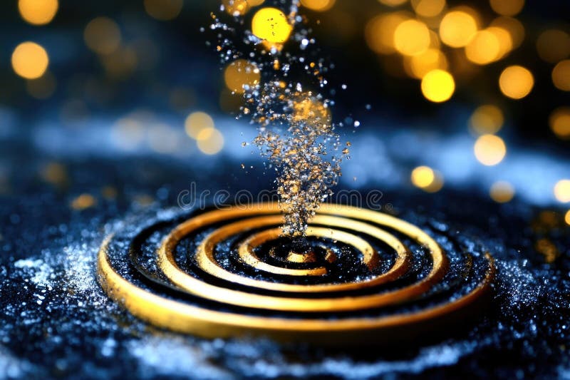 Glowing Golden Spiral with Bokeh Lights and Falling Particles Stock ...