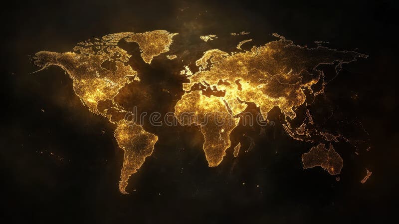 Glowing Golden World Map Illustration with Dynamic Lighting on Dark ...