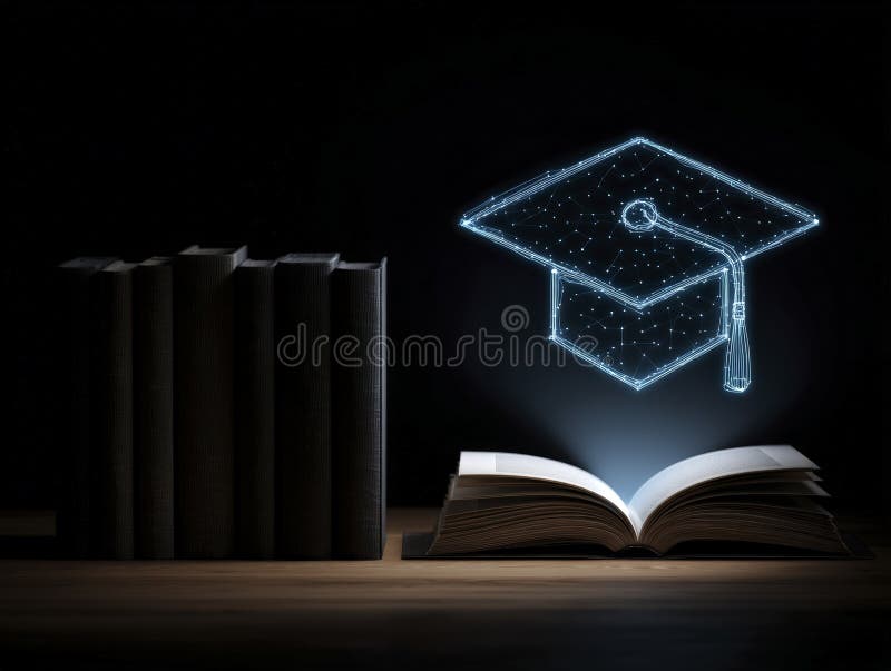 Glowing Graduation Cap Above Open Book and Stack of Books on Dark Stock ...